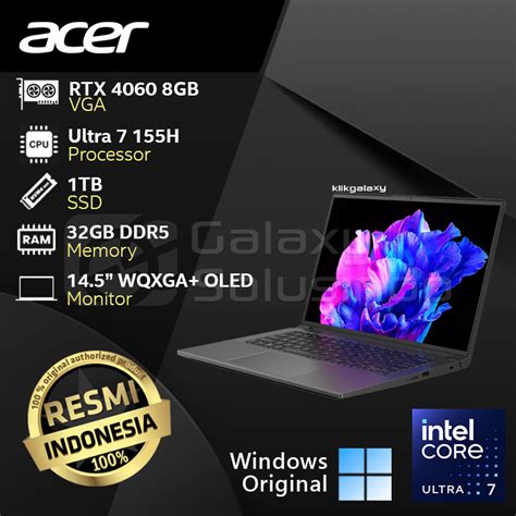 Jual ACER SWIFT X AI SFX14 72G 70K8 RTX4060 Intel Core I7 155H 1TB SSD 32GB RAM Grey Notebook