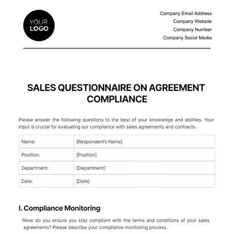 Free Sales Questionnaire On Agreement Compliance Template To Edit Online