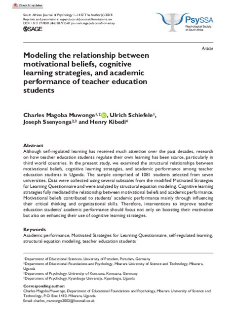 Pdf Modeling The Relationship Between Motivational Beliefs Cognitive Learning Strategies And
