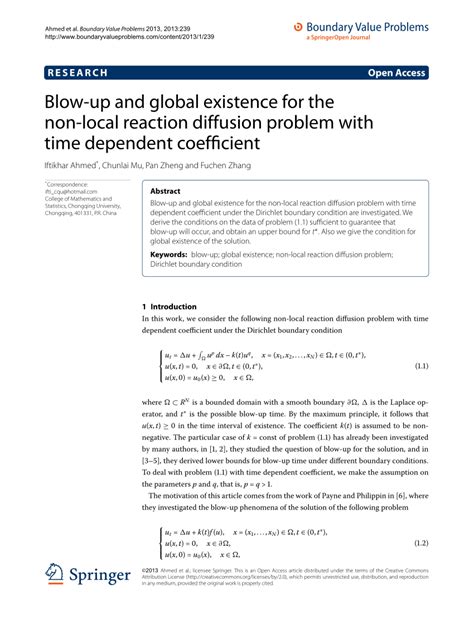 Pdf Blow Up And Global Existence For The Non Local Reaction Diffusion