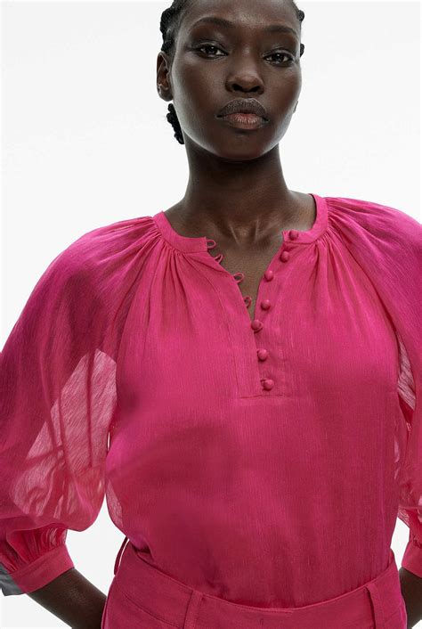 Dahlia Pink Silk Linen Raglan Sleeve Blouse Womens Evening Shirts
