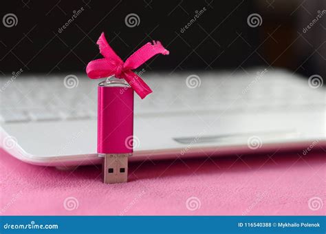 Brilliant Pink Usb Flash Memory Card With A Pink Bow Lies On A Blanket Of Soft And Furry Light