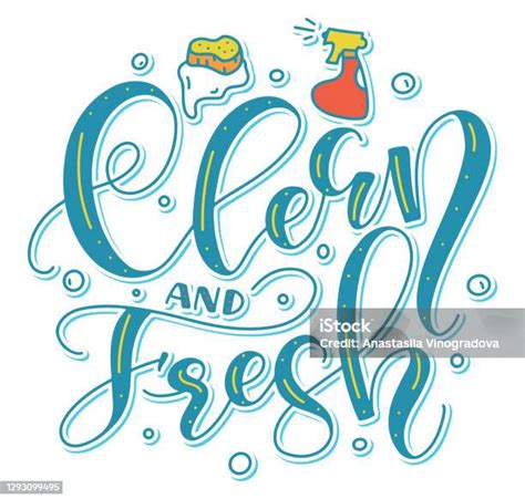 흰색 배경에 고립 된 깨끗하고 신선한 여러 가지 빛깔의 서예 텍스트와 낙서 스폰지 스프레이 병 및 거품 벡터 그림 가정의 방에