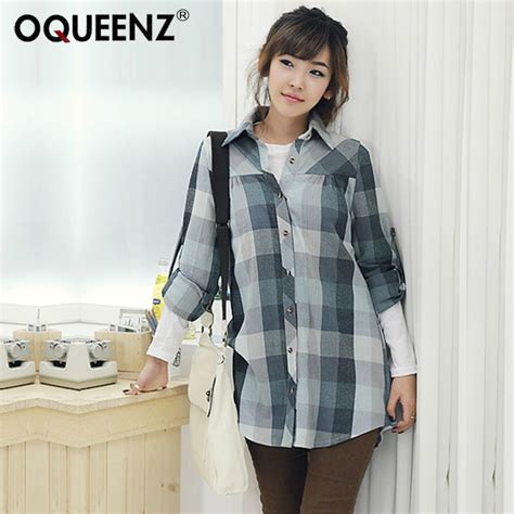 Oqueenz秋装百搭长款格子衬衫女长袖韩版纯棉泡泡袖宽松大码衬衣oqueenz服饰旗舰店