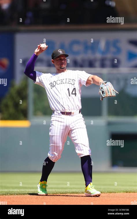 Colorado Rockies Shortstop Ezequiel Tovar 14 Makes The Throw To First Base In An Mlb Baseball