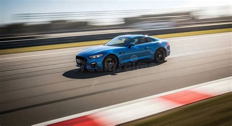 Blue Sports Car Speeds Down A Race Track With Motion Blur Capturing