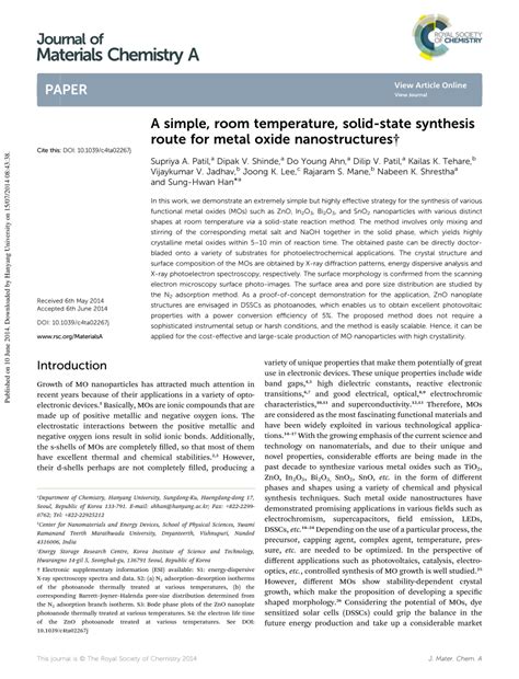 Pdf A Simple Room Temperature Solid State Synthesis Route For Metal