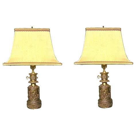 Pair Of Antique French Parcel Gilt And Repousse Brass Oil Lamps Circa