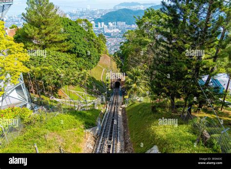 Funicular Railway Tracks Descending Steep Hill Through Tunnel Penang