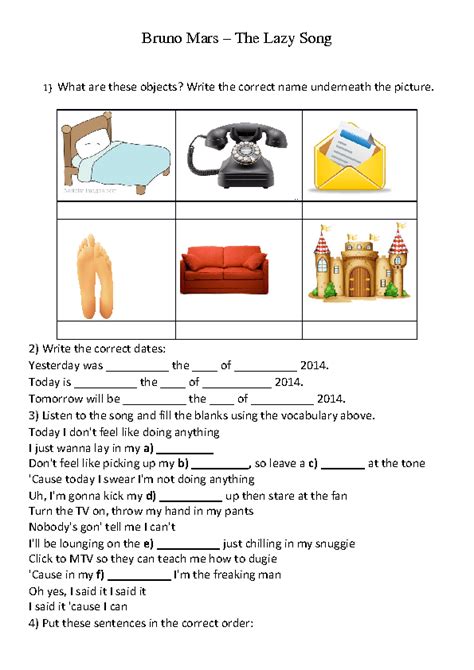 Song Worksheet: The Lazy Song by Bruno Mars