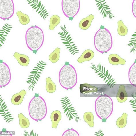 이국적인 과일과 열대 잎 원활한 패턴 피타야 아보카도 흰색 배경에 나뭇잎 0명에 대한 스톡 벡터 아트 및 기타 이미지 0명 개체 그룹 건강한 생활방식 Istock