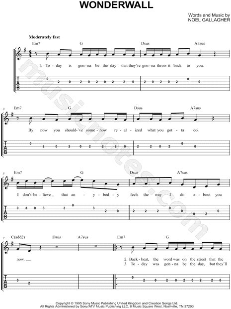 Oasis Wonderwall Guitar Tab In E Minor Download And Print Sku