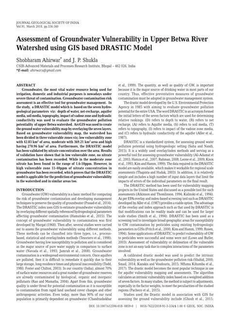Pdf Assessment Of Groundwater Vulnerability In Upper Betwa River