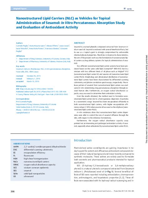 Pdf Nanostructured Lipid Carriers Nlc As Vehicles For Topical Administration Of Sesamol In