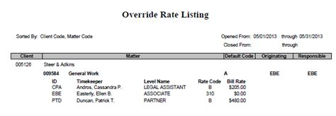 Override Rate Listing Orion Law Management