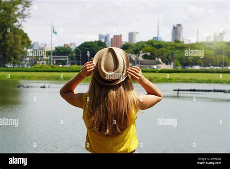 Tourism In Sao Paulo Brazil Back View Of Traveler Girl Enjoying Skyline Of Sao Paulo