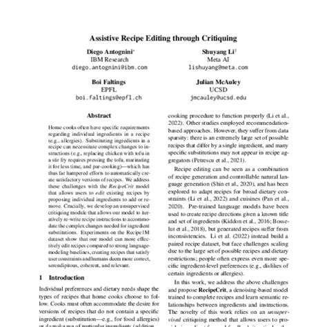 Assistive Recipe Editing Through Critiquing Acl Anthology