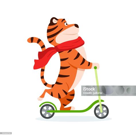 빨간 스카프에 행복한 만화 호랑이킥 스쿠터를 타고 흰색 배경에 고립 된 휴일 야생 고양이 사랑스러운 오렌지 줄무늬 캐릭터 미소