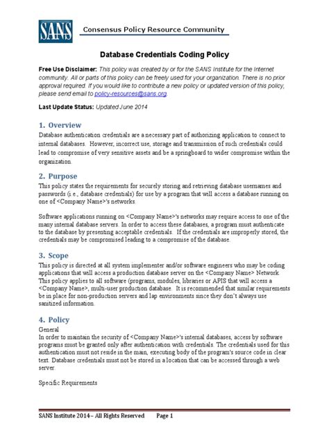 Database Credentials Coding Policy 1 Overview Download Free Pdf
