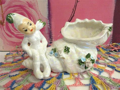 Vintage 1950s Esd Lefton Pixie Elf Sitting On A Seashell Iridescent Lusterware Ceramic Planter