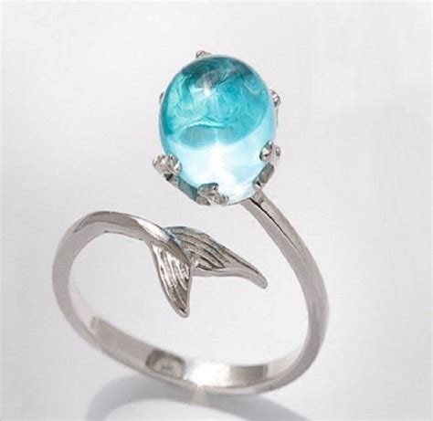 Mermaid Tail With Blue Sea Stone Ring Mermaid Ring Magical Jewelry