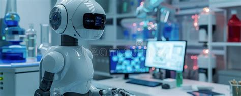 Humanoid Robot In A Lab Setting Working With Cutting Edge Technology And Research Equipment A