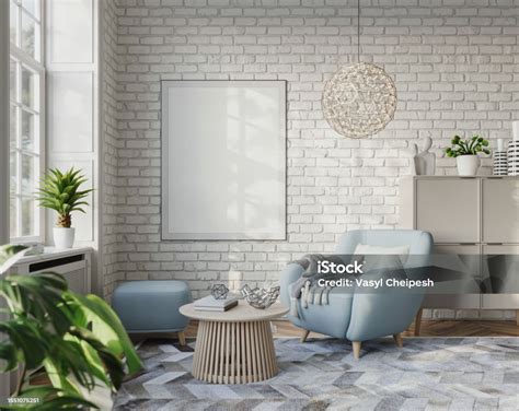 버크 벽과 아늑한 가구가 있는 밝은 거실 인테리어 3d 렌더링 파란색에 대한 스톡 사진 및 기타 이미지 파란색 인테리어 디자이너 거실 Istock
