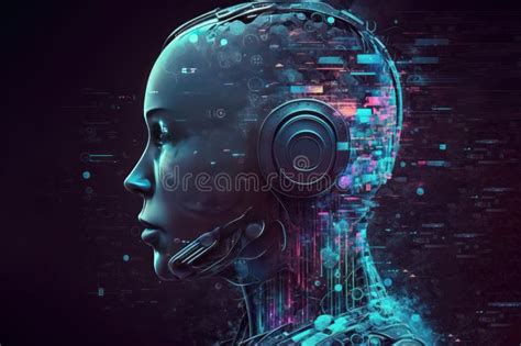 Cyborg Head With Digital Binary Code Artificial Intelligence Concept