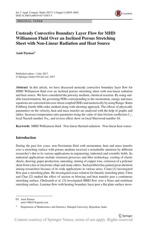 Unsteady Convective Boundary Layer Flow For Mhd Williamson Fluid Over