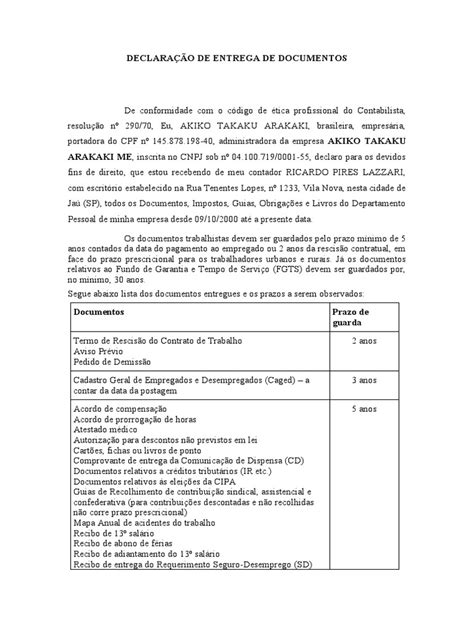 Declaração De Retirada De Documentos Pdf