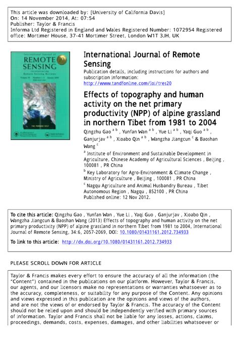 Pdf Effects Of Topography And Human Activity On The Net Primary Productivity Npp Of Alpine