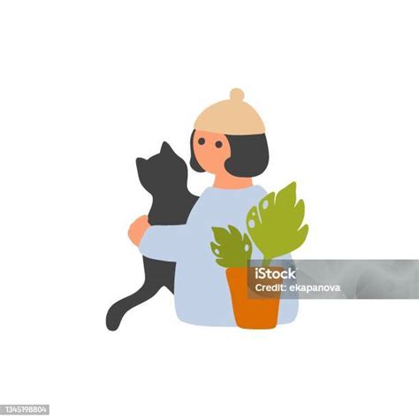 검은 고양이와 가정 식물노란색 모자를 쓴 젊은 여성 흰색 배경에 격리 된 벡터 다채로운 그림 개념에 대한 스톡 벡터 아트 및 기타 이미지 Istock
