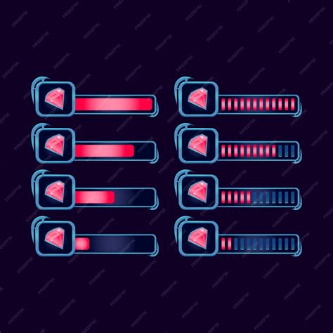 게임 Ui 자산 요소에 대한 Gui 판타지 Rpg 보석 다이아몬드 진행률 표시 줄 세트 프리미엄 벡터