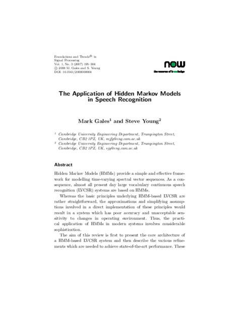 Pdf The Application Of Hidden Markov Models In Speech Recognition
