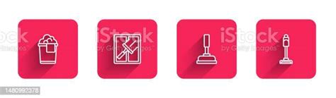 폼 라인 버킷 창문 용 고무 클리너 플런저 및 긴 그림자가있는 진공 청소기를 설정하십시오 빨간색 사각형 버튼 벡터 가정 생활에