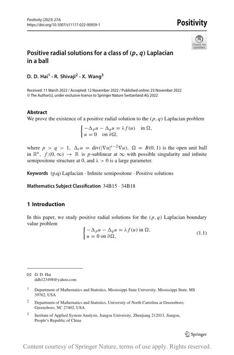 positive radial solutions for a class of p q laplacian in a ball