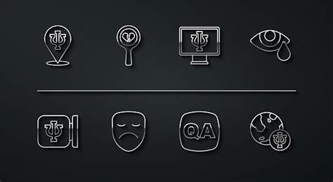 세트 라인 심리학 사이오닉 눈물 울음 눈 질문과 답변 드라마 연극 마스크 깨진 마음 또는 이혼 심리학자 온라인 아이콘 벡터 Mental Wellbeing에 대한 스톡 벡터