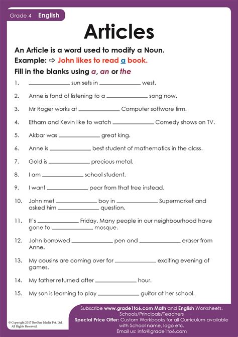articles worksheet for class 4 worksheets library