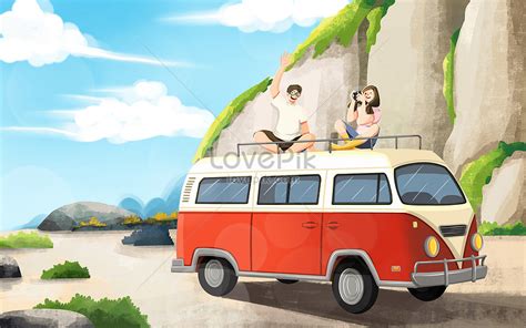 한여름 자동차 여행 일러스트 무료 다운로드 Lovepik