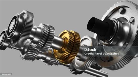 3d 기어 변속기의 자동차 기어박스 샤프트의 강철과 금 기어는 배경에 격리되어 있습니다 순서에 대한 스톡 사진 및 기타 이미지