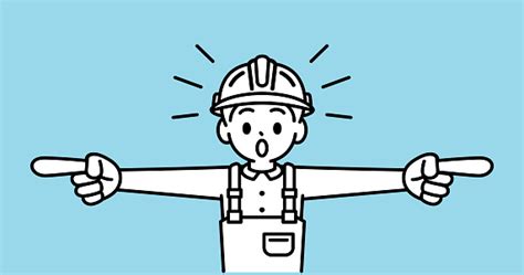 안전모를 쓰고 멜빵이나 교정기를 착용한 작업복을 입은 소년이 오른쪽과 왼쪽을 가리키며 묻습니다 오른쪽 또는 왼쪽 건설 노동자 또는 건축업자의 간단한 선 그리기 또는 아이콘