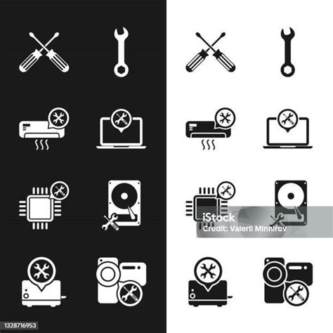 랩톱 서비스 에어컨 교차 드라이버 렌치 프로세서 하드 디스크 비디오 카메라 및 토스터 아이콘을 설정합니다 벡터 Cpu에 대한 스톡 벡터 아트 및 기타 이미지 Istock