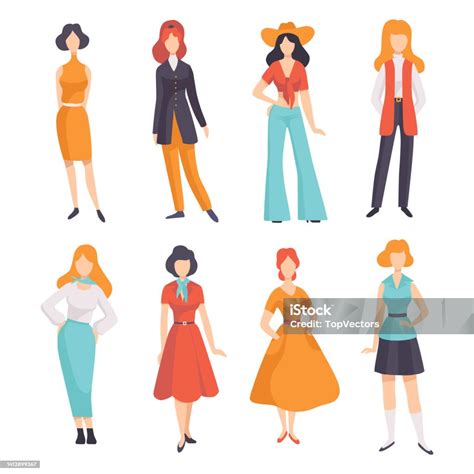 스탠딩 포즈 벡터 세트에서 70 년대의 빈티지 의류를 입은 여성 캐릭터 여자에 대한 스톡 벡터 아트 및 기타 이미지 여자 한 명의 여자만 인물 사진 Istock