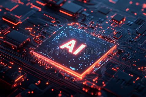 Futuristic Ai Microchip With Glowing Red Elements On Circuit Board Stock Illustration