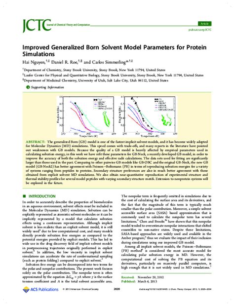 Pdf Improved Generalized Born Solvent Model Parameters For Protein