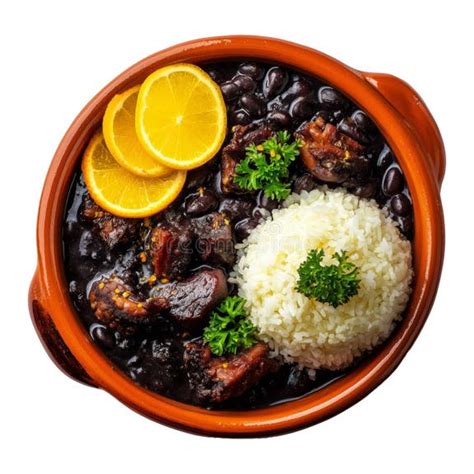 Traditional Brazilian Feijoada Dish With Rice Black Beans Beef Stew Pork And Oranges In Bowl