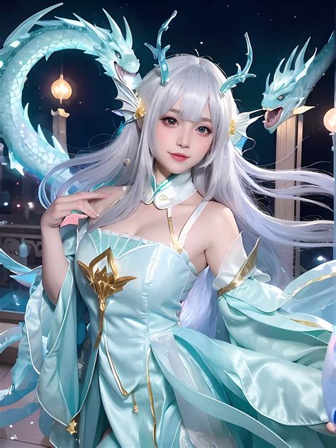 An Image In Anime Style A Woman In A Blue Dress And A Dragon Headgear