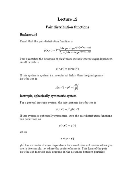 Lecture 12 Pair Distribution Functions Pdf Theoretical Physics Applied Statistics