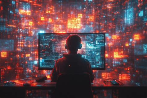 Cybersecurity Expert In Matrixlike Digital Environment Analyzing Data On Multiple Screens
