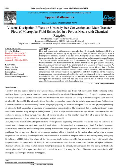 Pdf 3 Viscous Dissipation Effects On Unsteady Free Convection And Mass Transfer Flow Of